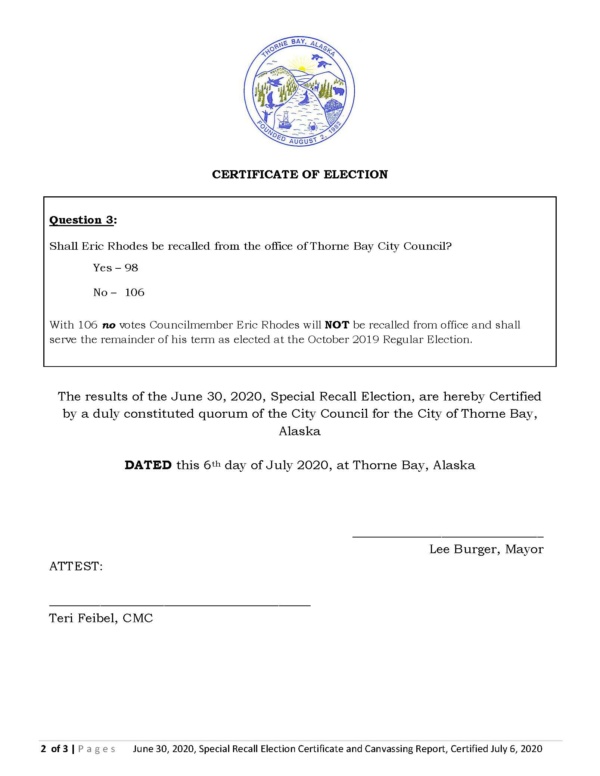 CERTIFICATE OF ELECTION – City of Thorne Bay