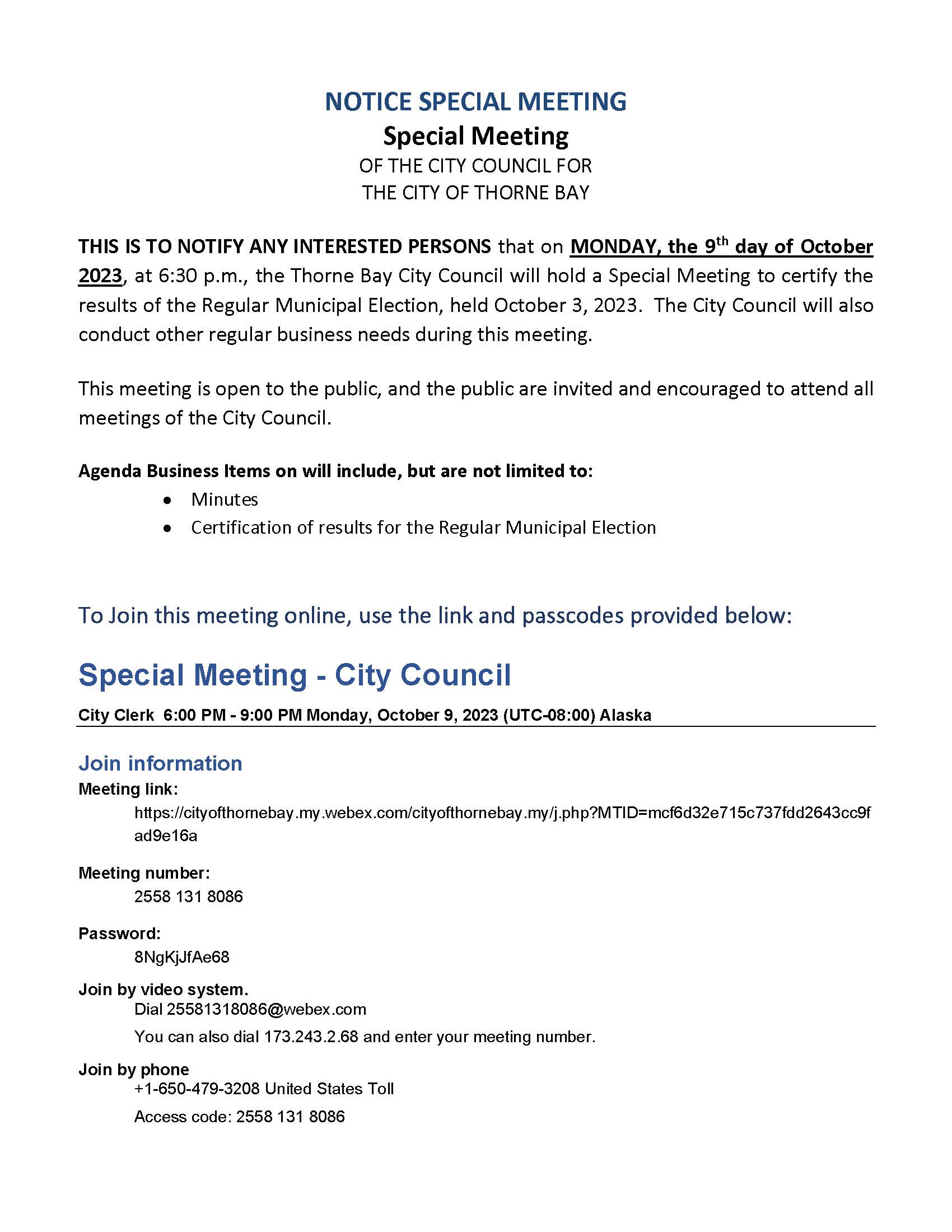SPECIAL MEETING OCT 9TH 2023 – NOTICE & AGENDA – City of Thorne Bay