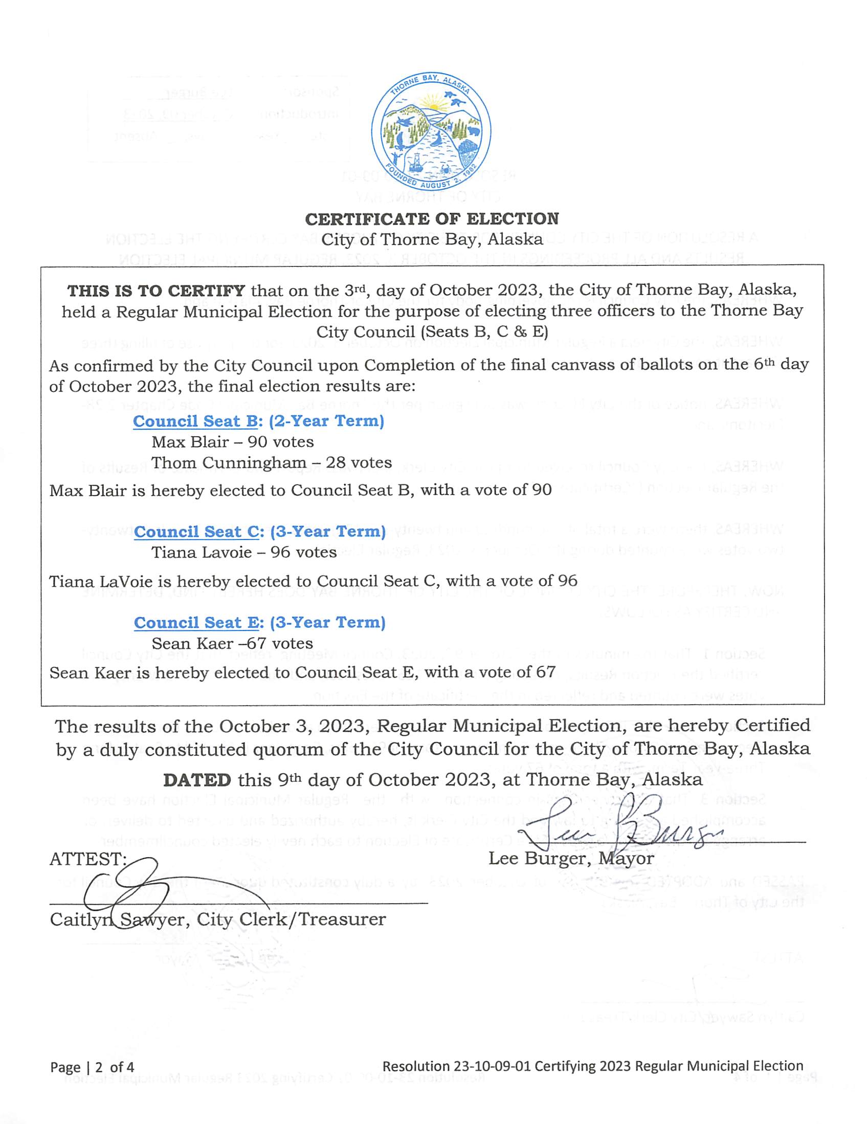 CERTIFICATE OF REGULAR MUNICIPAL ELECTION – City of Thorne Bay